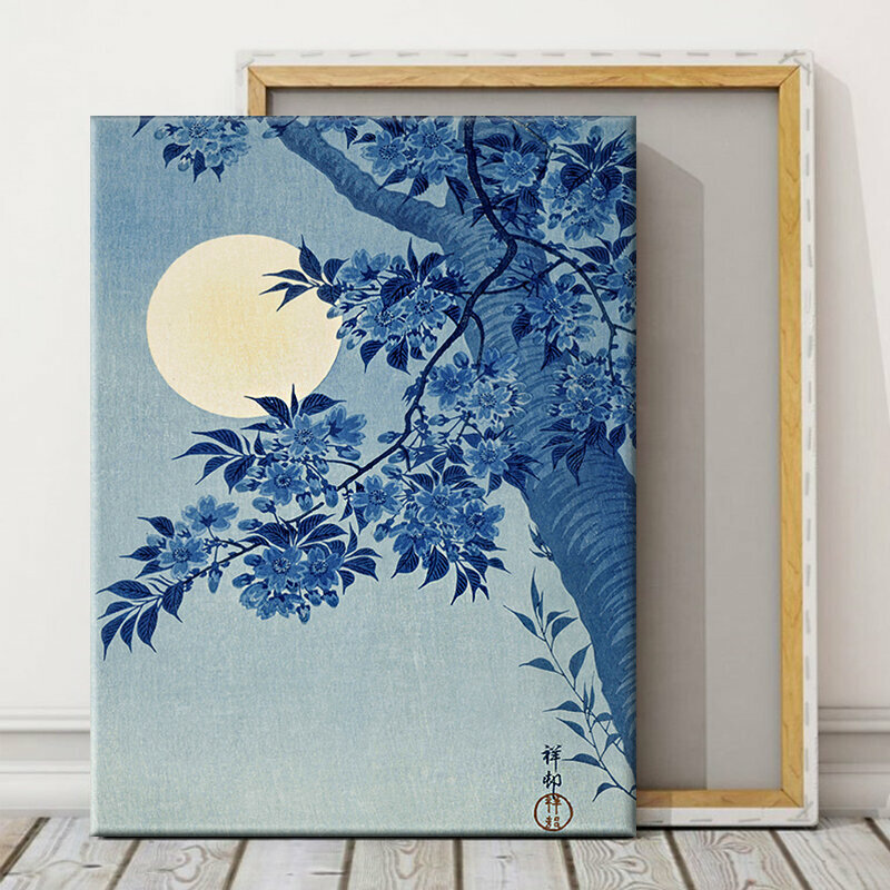 Картина на холсте 50х70 см "Японская живопись, луна", на стену для интерьера