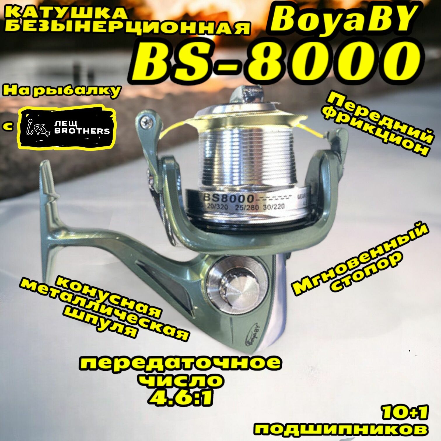 Катушка карповая BoyaBY BS-8000, передний фрикцион, конусная металлическая шпуля, мгновенный стопор, 10+1 закрытых подшипников, металлическая ручка, передаточное число 4.6:1