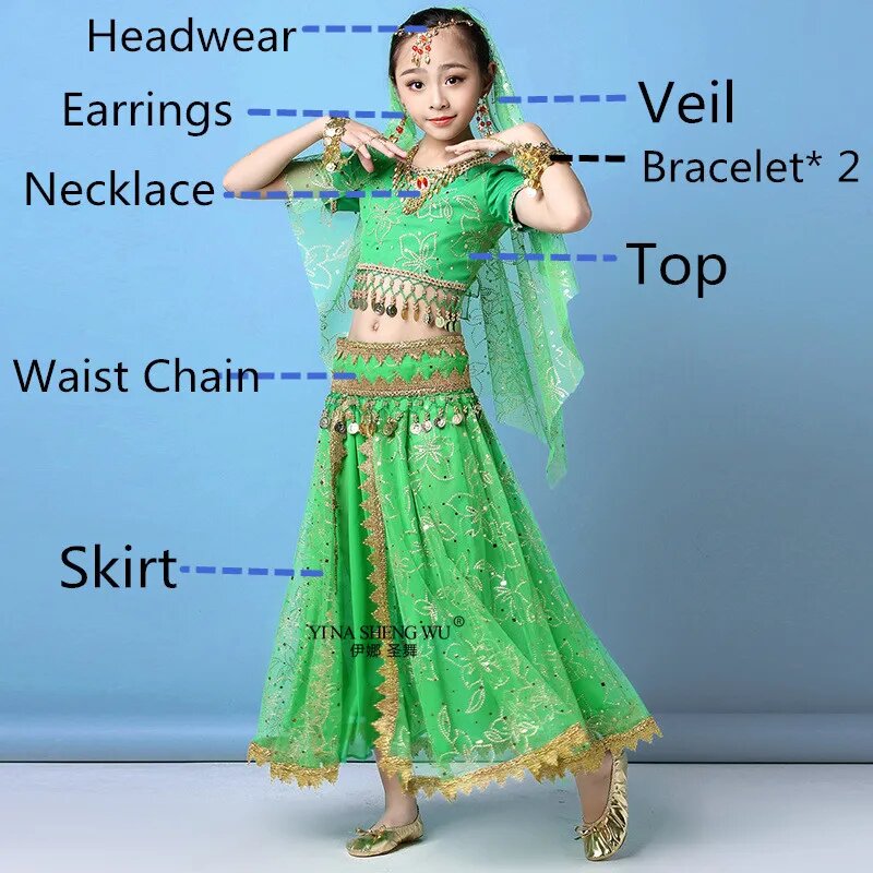 Детский костюм для танца живота YI NA SHENG WU 2/3/5/7/8 шт. Изумрудный, М, Green 8pcs