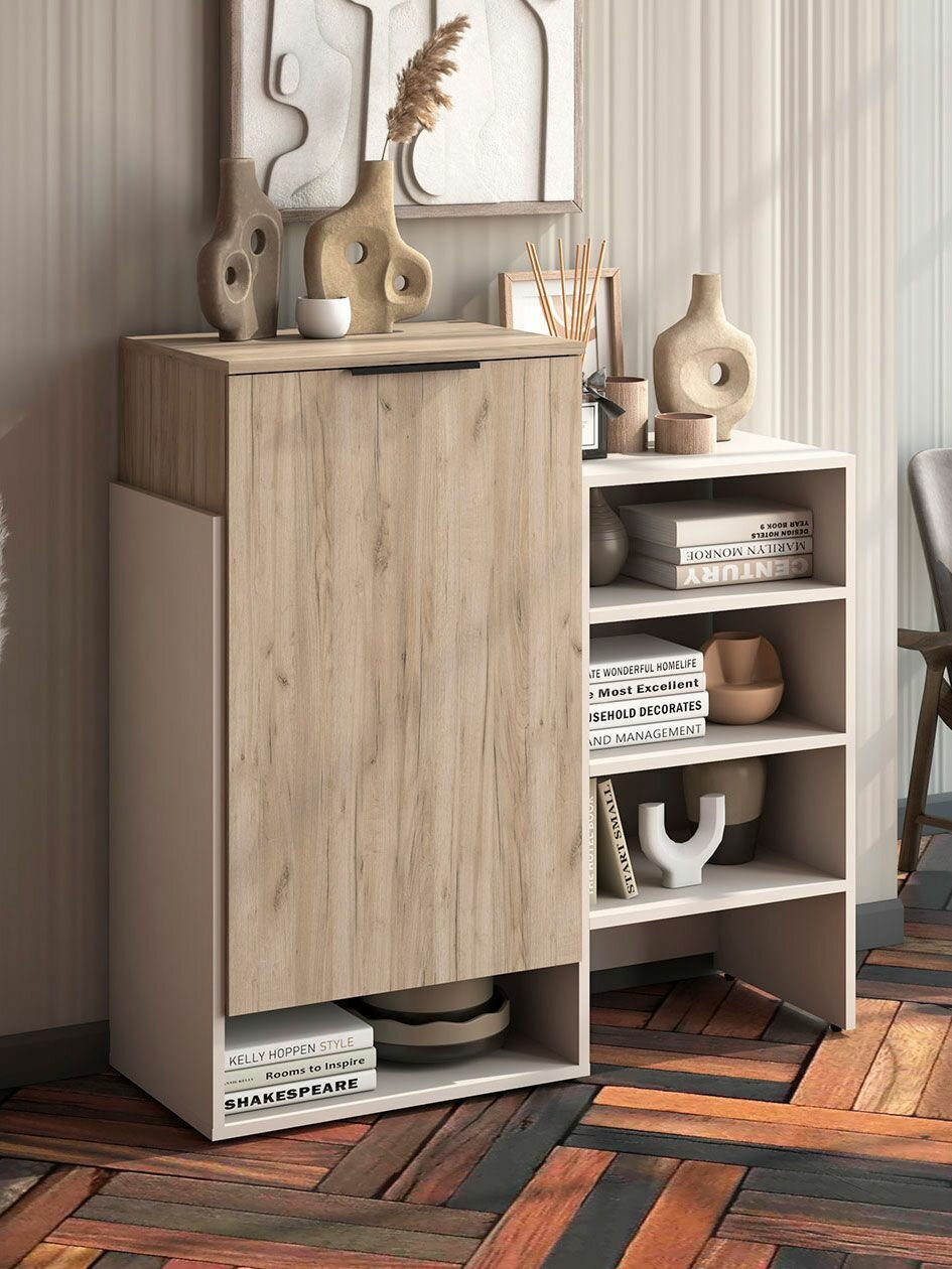 Комод для одежды и хранения вещей Бохо с полками, 105.3х38.5х101 см, Дуб Крафт серый / Кашемир