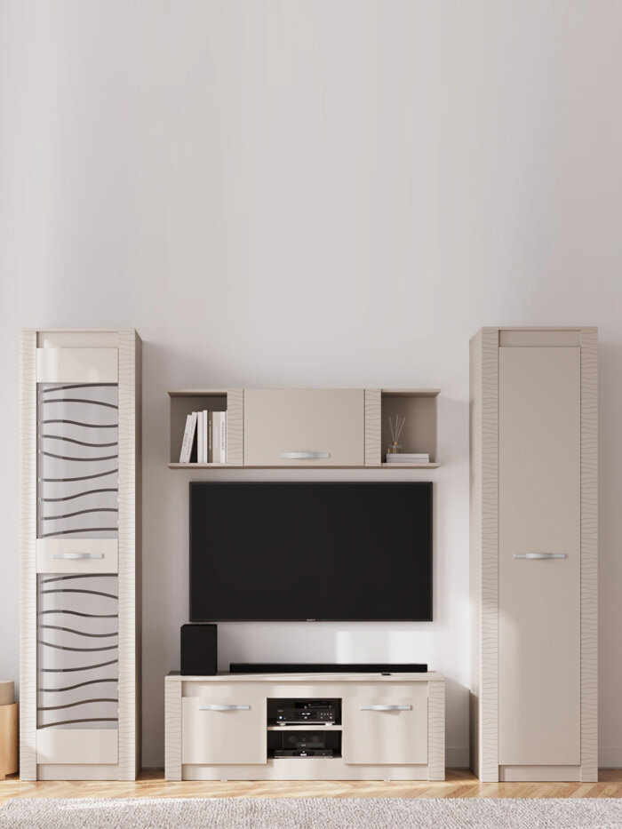 Гостиная комплект Далия, навесной шкаф, ТВ тумба, витрина, шкаф-пенал, 248х51х220 см, Кашемир