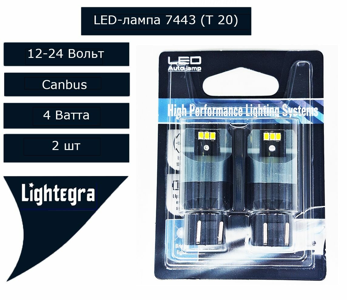 Светодиодная лампа LX19-Т20 7443 (W21/7W) 6SMD-3020 OSRAM 12-24 В 12 Вт Canbus, 2шт
