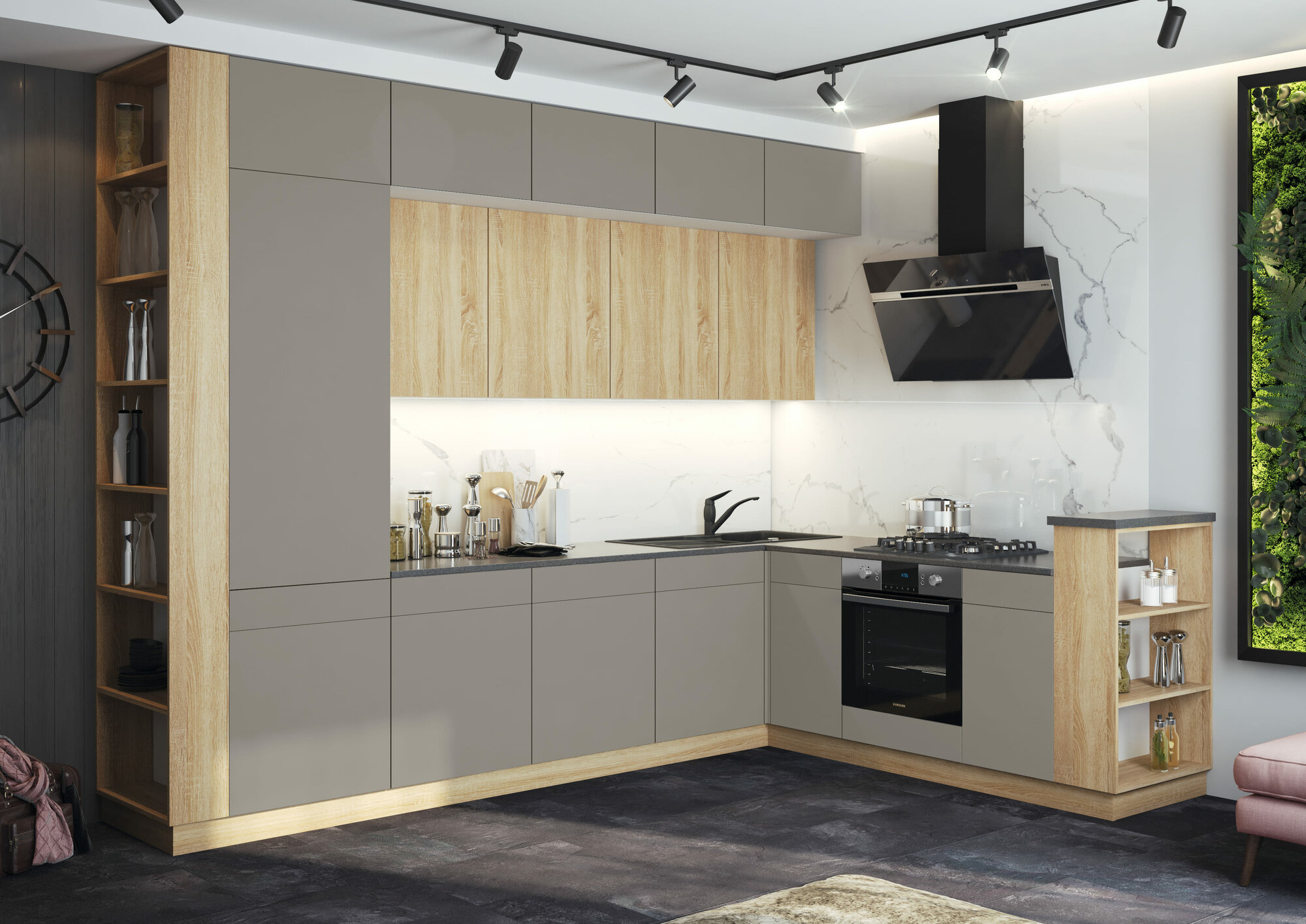 Кухня Техно-5 3,2*2,24м (Сонома/Браш Текстура Грей, Белый (Кастилло темный)) (Миф)