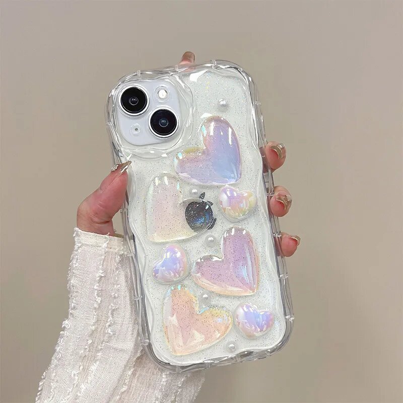 Корейский чехол для телефона Laser 3D Love Heart для iPhone 16, 15, 14, 13, 12, 11 Pro Max X XS Max XR Girl, эпоксидные блестящие прозрачные мягкие чехлы For iPhone 15Pro