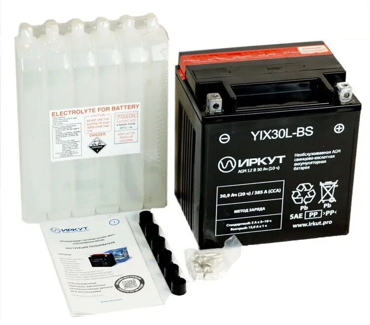 Аккумулятор 12В 30А/ч (ИРКУТ YIX30L-BS), сухозаряженный, подходит для снегоходов, не подходит для квадроциклов(item:200)
