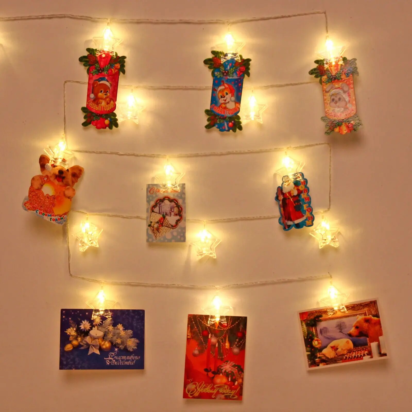 Гирлянда для дома 4,0 м 20 ламп LED с насадками звезда Прищепка, прозрач. провод, Теплый белый