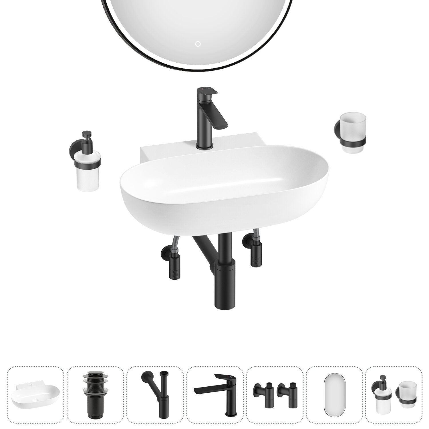 Подвесная или накладная раковина в ванную комнату Lavinia Boho Bathroom Sink 20219286R в наборе 7 в 1: раковина 58 см в цвете белый глянец, донный клапан, сифон, смеситель, вентили, зеркало, аксессуары