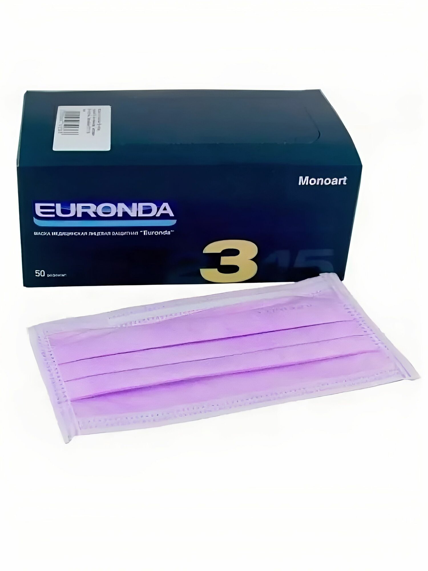 Маска одноразовая медицинская "Euronda" 3-х слойная на резинке, цвет лиловый (50 шт. в уп.)