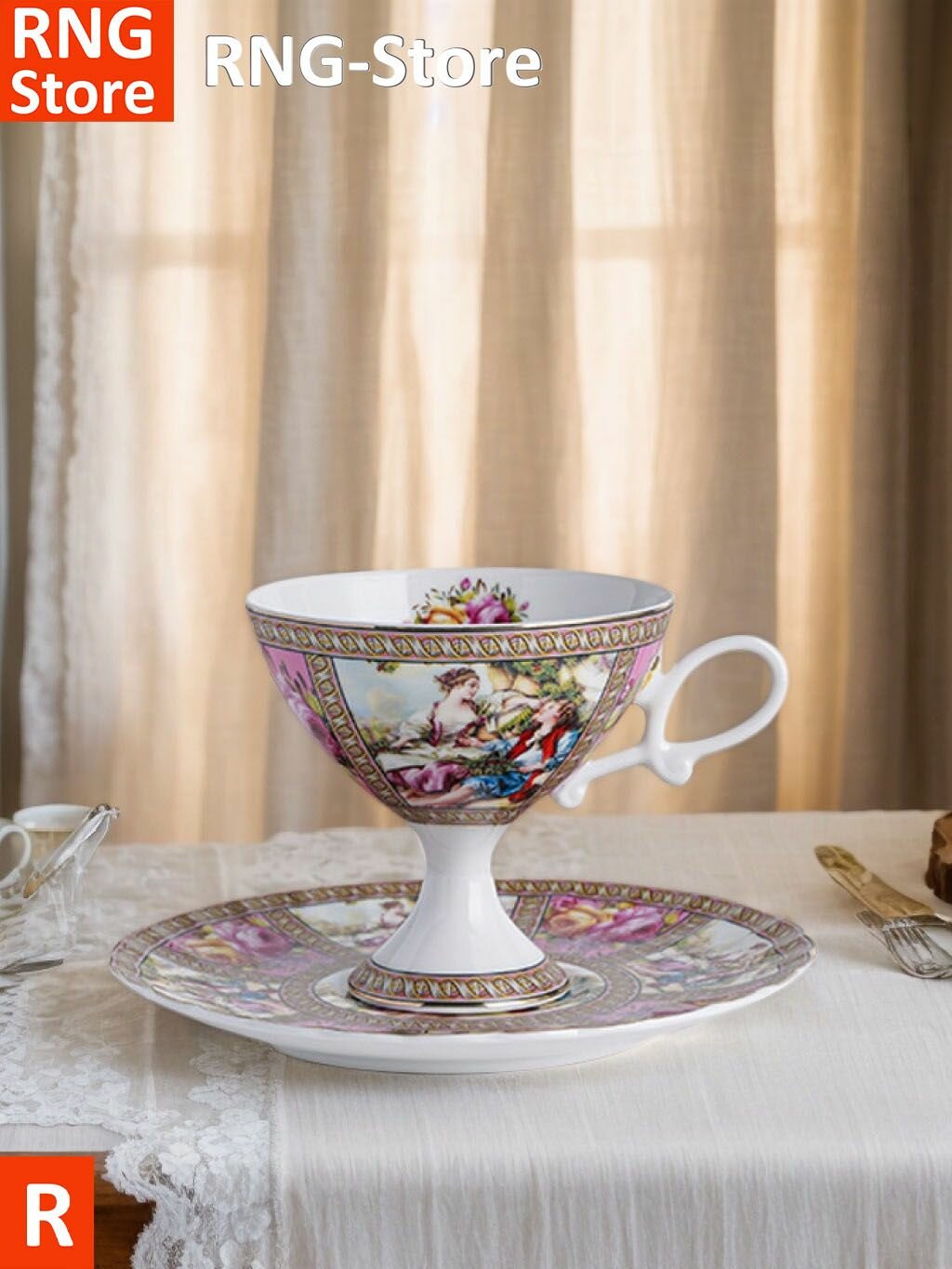 Чайная, кофейная пара "(Высокая ножка - чашка с голубой розой) Маленькая талия - Набор кофейных чашек и блюдец" 180 мл на 1 перс.