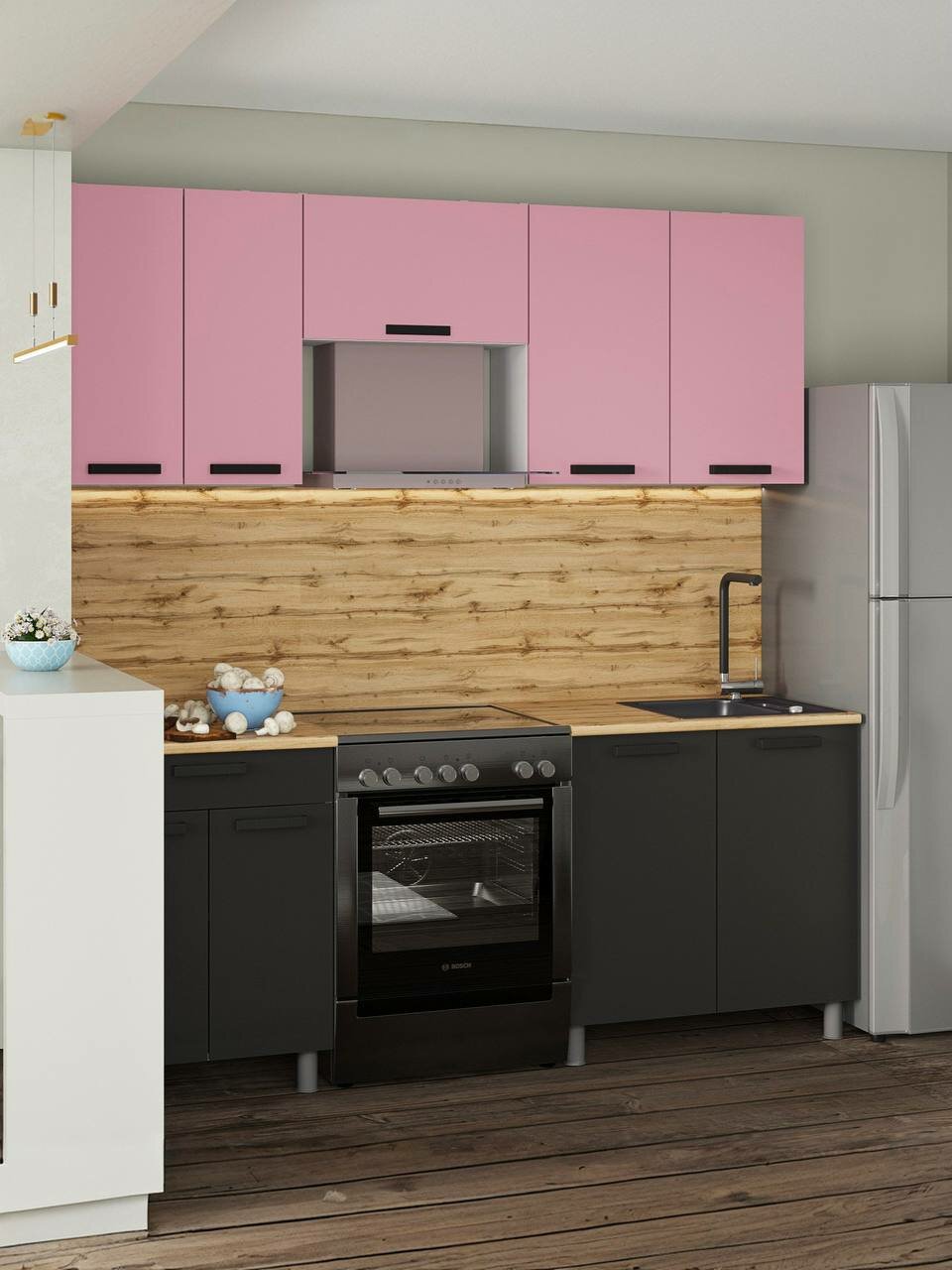 Кухонный гарнитур с окапом Осло МДФ 2м карбон сакура/карбон вулкан без столешницы