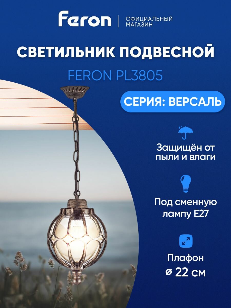 Светильник уличный потолочный E27 / Фонарь подвесной IP44 черное золото Feron PL3805 Версаль 11370