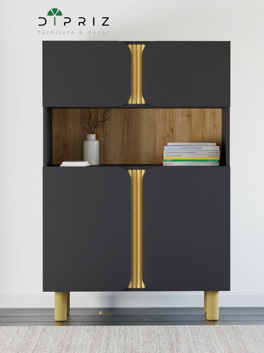 Буфет 90х35х135, Ола, шкаф для кухни, столовой, детской с реечными вставками из сосны, серый, Dipriz