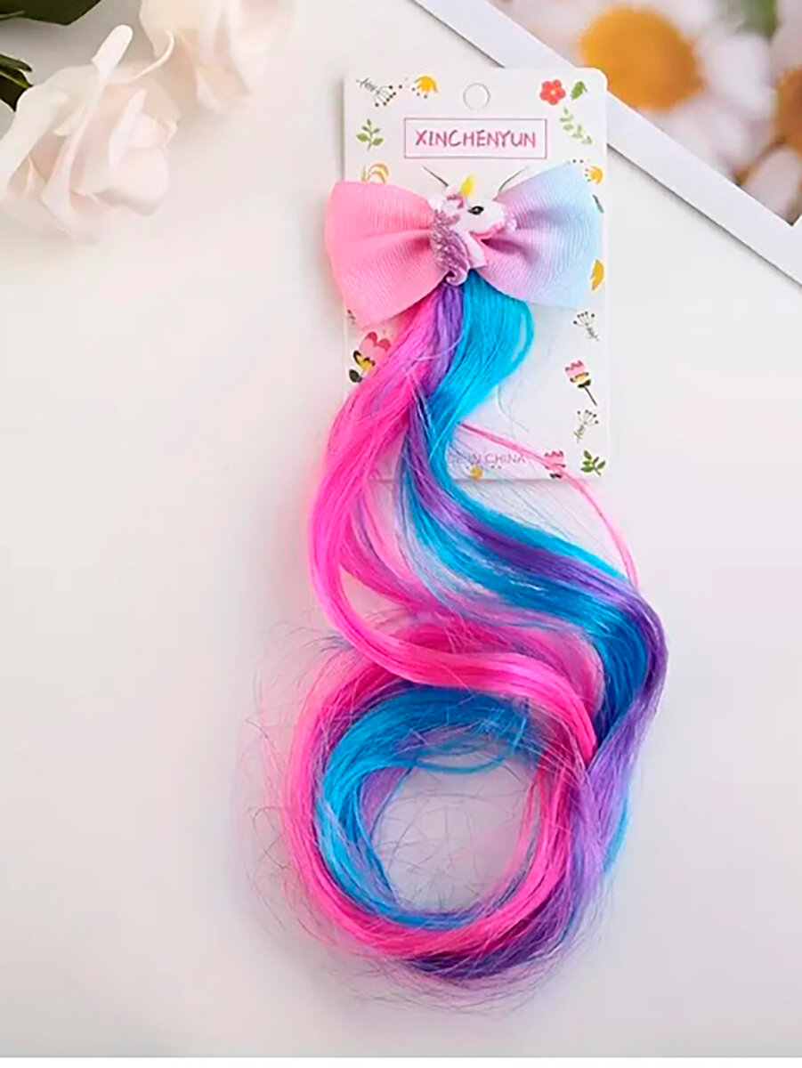 Заколка Бантик с Единорогом с цветными прядями фиолетовый малиновый голубой