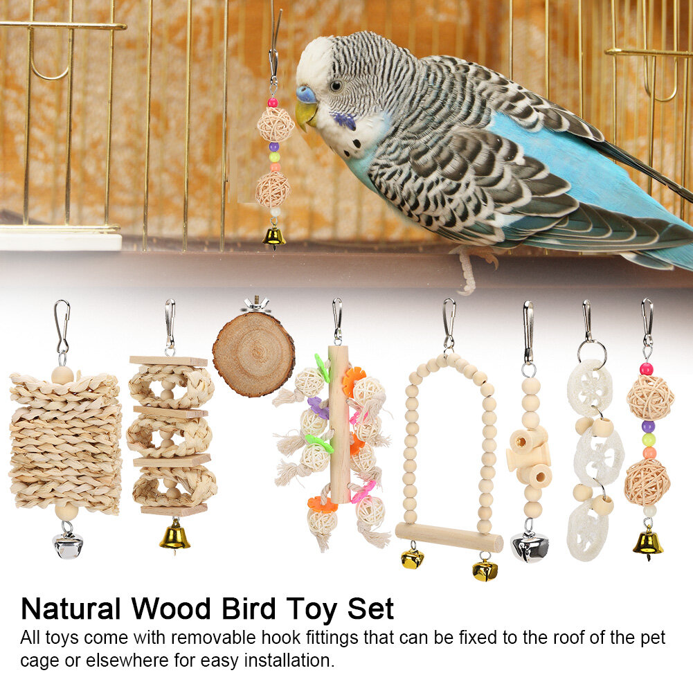 8 упаковок игрушек для подвесных качелей в виде попугаев из натурального дерева, набор игрушек для жевания и лазания птиц