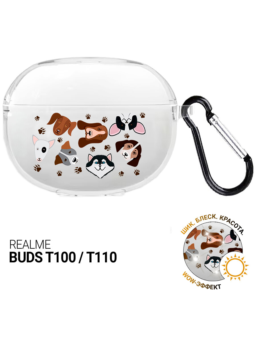 Чехол на Realme Buds T100 / T110 с принтом "Dogs Pattern" прозрачный