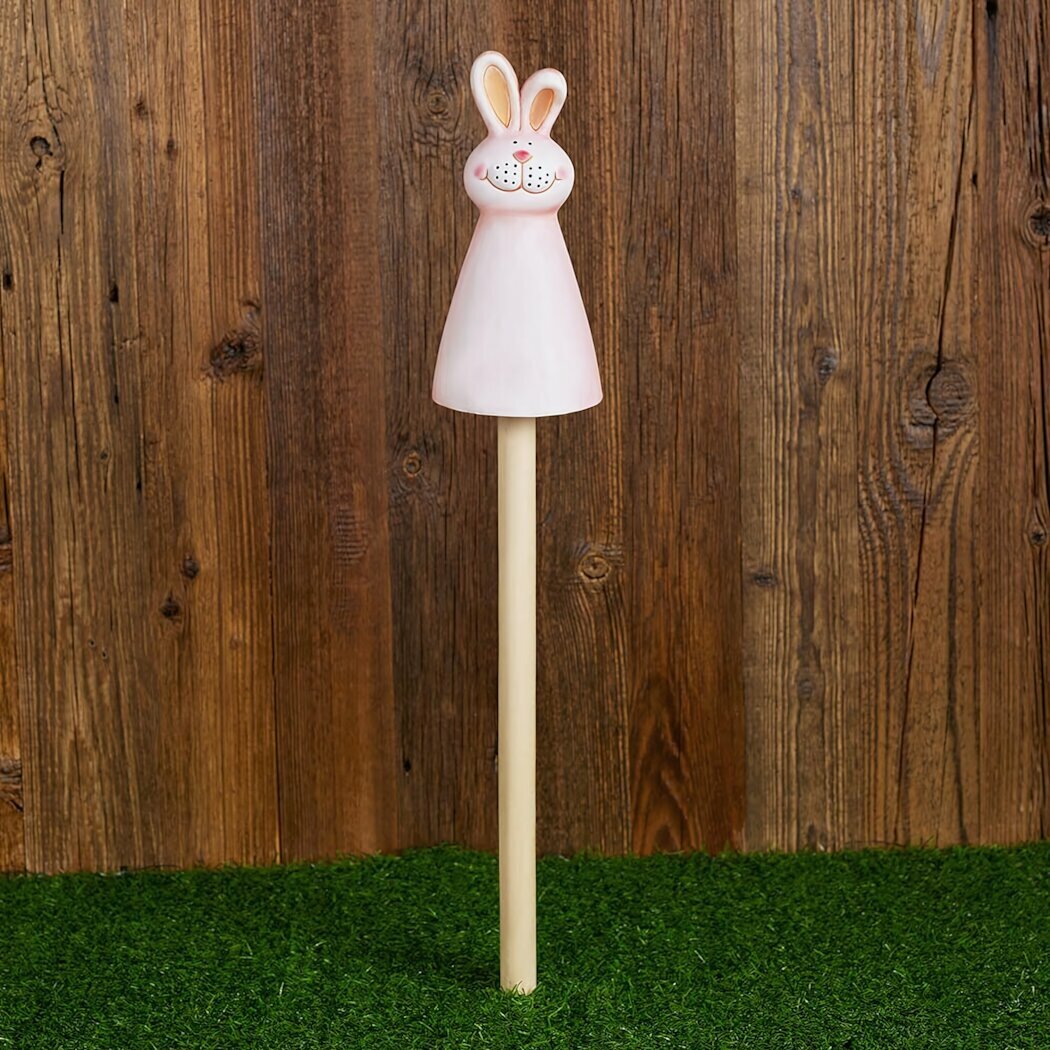 Фигурка садовая кролик на штакетник, 10,5*9*21см, керамика розовый/белый