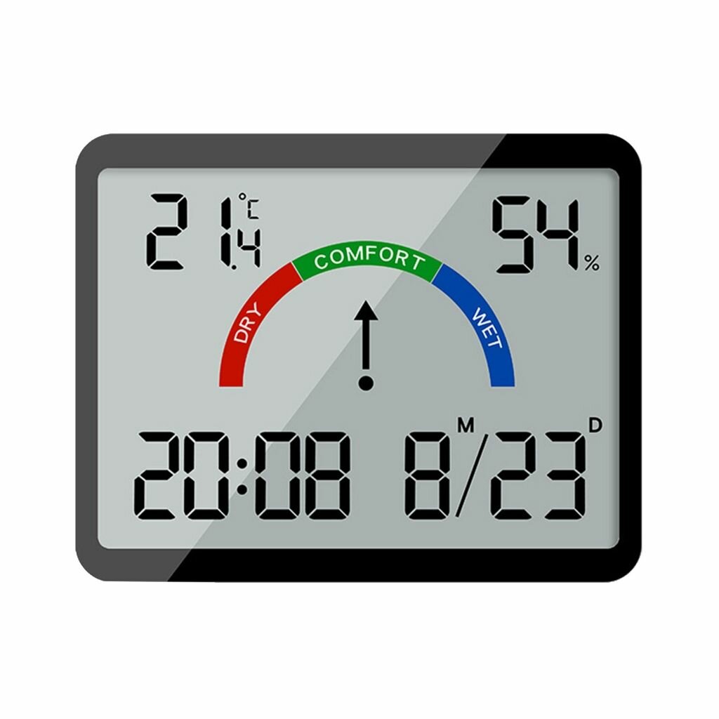 Цифровые настенные часы с большим дисплеем, датой и температурой, датчиком влажности. Идеально подходят для использования дома в офисе. Работает от батареи.