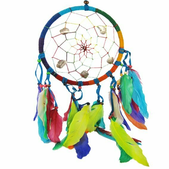 Ловец снов ракушки в радужном круге с перьями (макраме, диаметр 16,5 см, длина 40 см.), 1 шт.