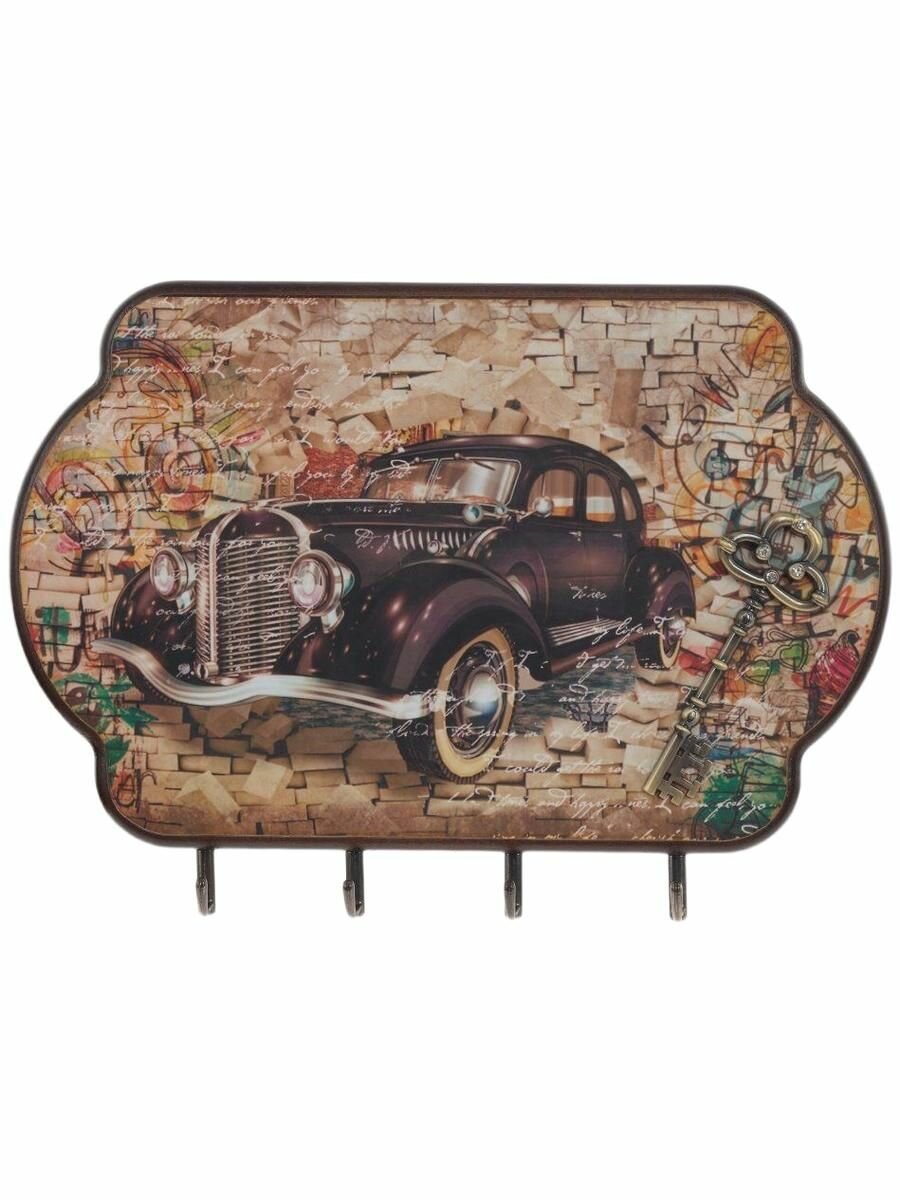 Настенная ключница, картина Ретро Автомобиль с 4 крючками 28х2х20см.