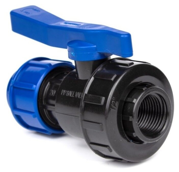 Кран шаровый для воды Lammin / Ламмин прямой компрессионный для ПНД труб, ручка рычаг, полиэтилен, цвет синий, диаметр присоединения 25мм, резьба 3/4" / запорная арматура