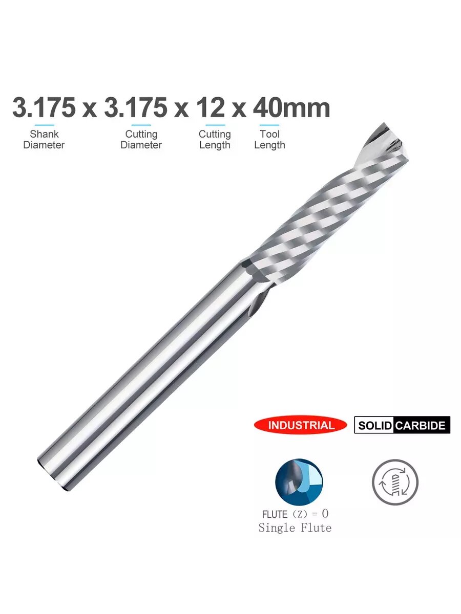 Фреза спиральная однозаходная, 3,175х12х40мм стружка вверх