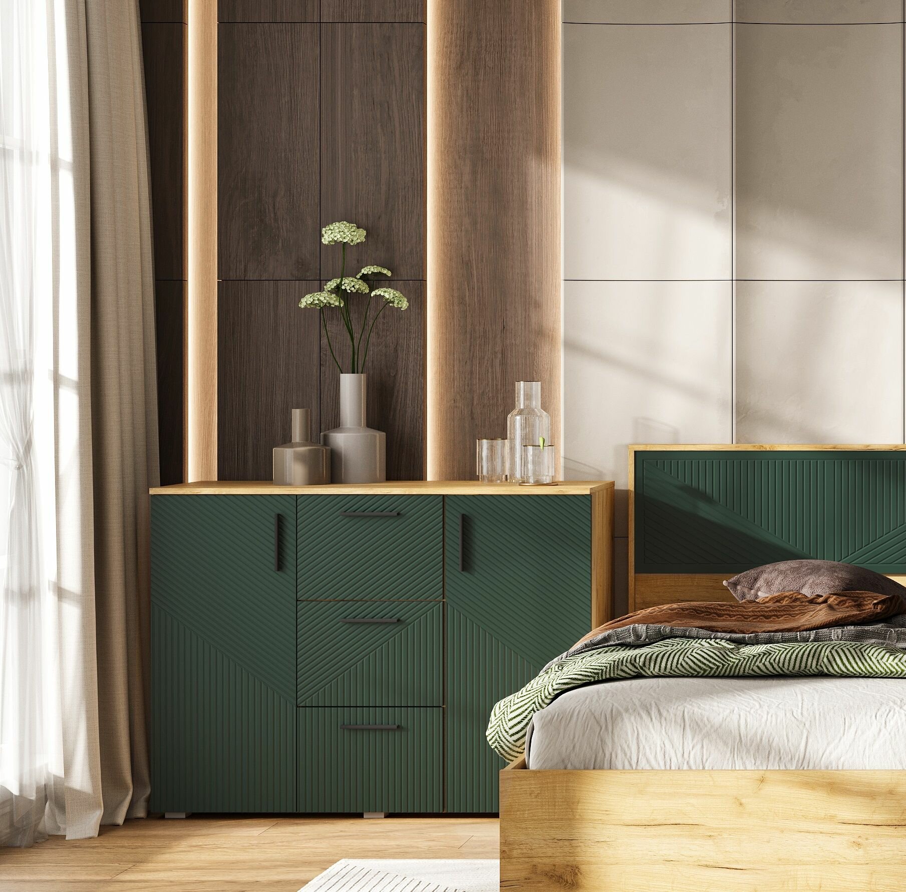 Сильвия Комод 3 ящика 2 двери 1200 мм Браш Мени Грин, Дуб Крафт