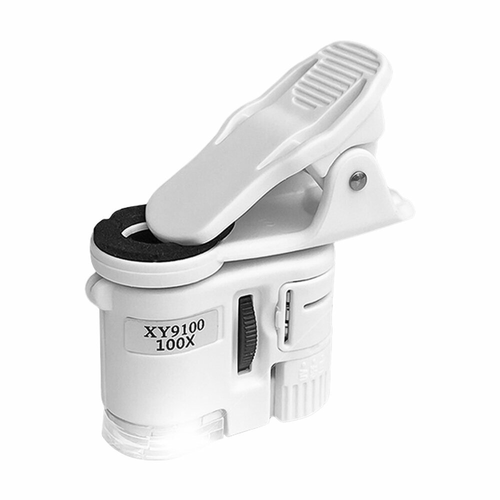 Универсальный микроскоп 100x лупа с телефонным клипом встроенным светодиодным светом УФ-детектором для большинства смартфонов White ABS+Оптическая линза LR1130 кнопочный аккумулятор 6*4cm 6*6*4cm 60g 1 микроскоп 1 сумка для хранения 1 инструкция 3 LR1130