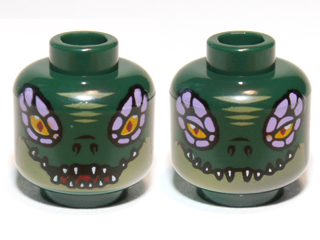 Minifigure, Head Dual Sided Alien Chima Crocodile with Bright Light Orange Eyes, Olive Green Lower Jaw, Medium Lavender Scales, and White Sharp Teeth, Open / Closed Mouth Pattern, 3626pb0886 Dark Green U