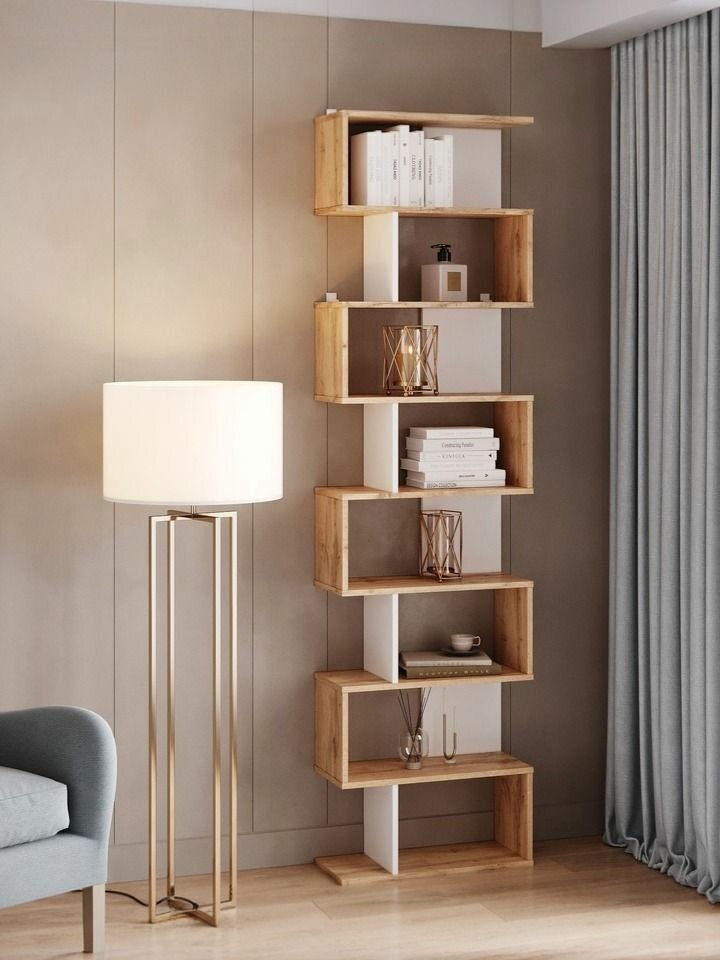 Стеллаж деревянный напольный для игрушек, книг, цветов, 8 секций, Белый/Дуб, Олави, (ШхВхГ) 58х215х21 см