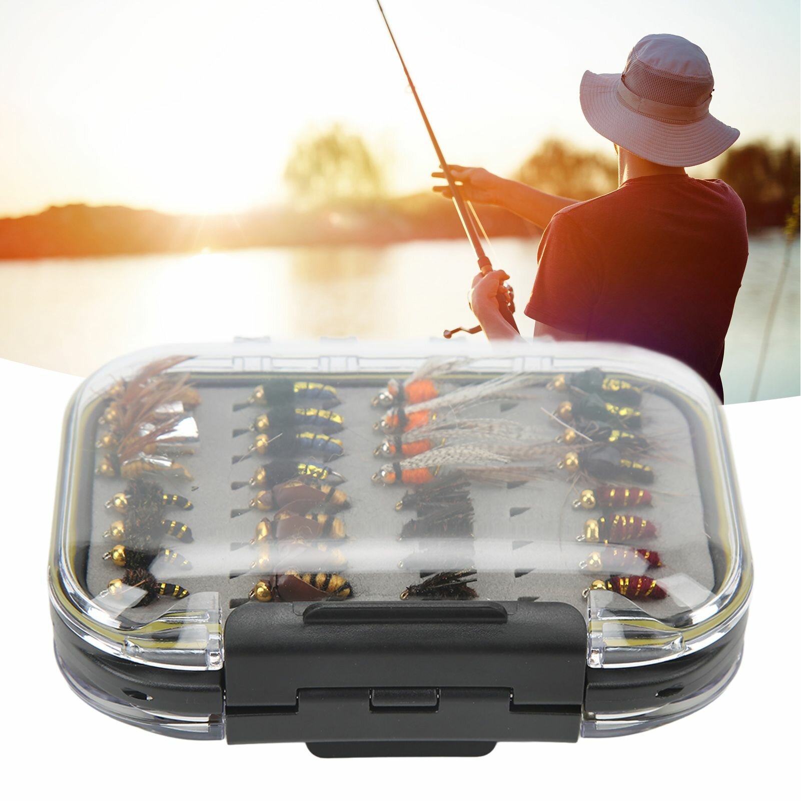 64 шт. мушки для рыбалки нахлыстом из нержавеющей стали, красочные рыболовные приманки, набор рыболовных крючков, набор с водонепроницаемым ящиком для хранения