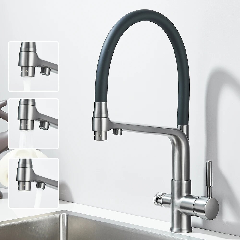 Матовый золотой кухонный кран с фильтрованной водой, двойной носик, функция очистки, кухонный кран, вращающийся на 360° водяной кран для кухни, Gun Grey
