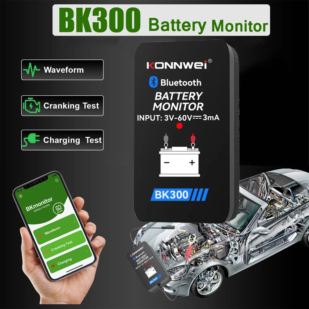 Монитор заряда батареи KONNWEI BK300 с Bluetooth 5.0 для 12В/24В свинцово-кислотных аккумуляторов автомобилей и грузовиков, анализатор батарей для Android и iOS.