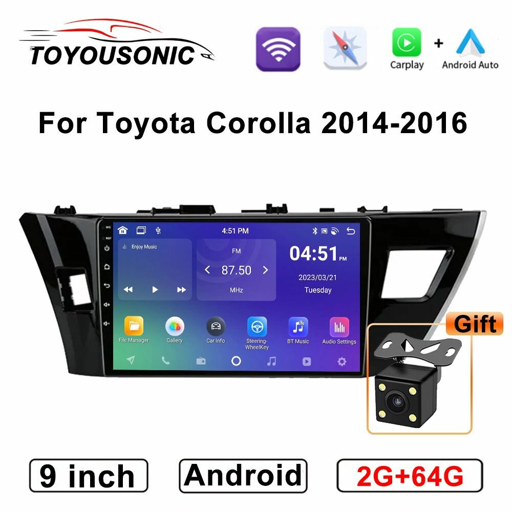 Автомагнитола 2 дин Андроид,2+64 Гб, Tойота королла/Toyota Corolla E170 E180 2014-2016, Android Auto, Carplay, Gps навигатор, IPS, Мультимедиа плеер