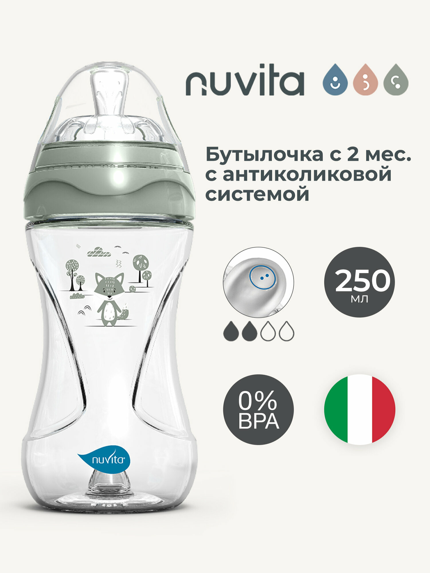 Бутылочка антиколиковая Nuvita Materno Feel 250 мл, пластиковая, для кормления детей с 2 месяцев, со средним потоком, серо-зеленый