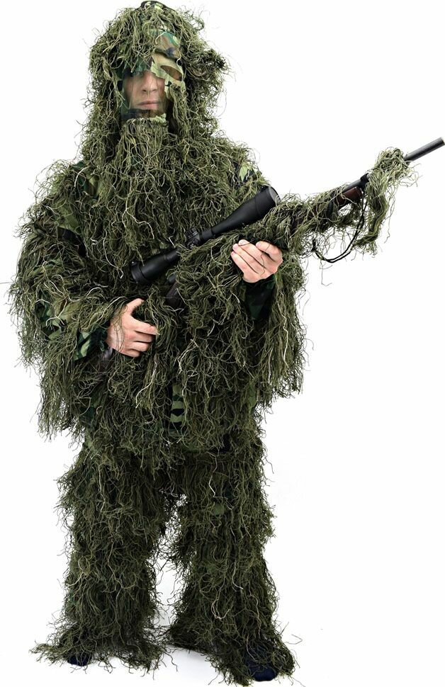 Маскировочный костюм Woodland Ghillie Suit для охоты и активного отдыха с защитной сеткой и удобной шапочкой