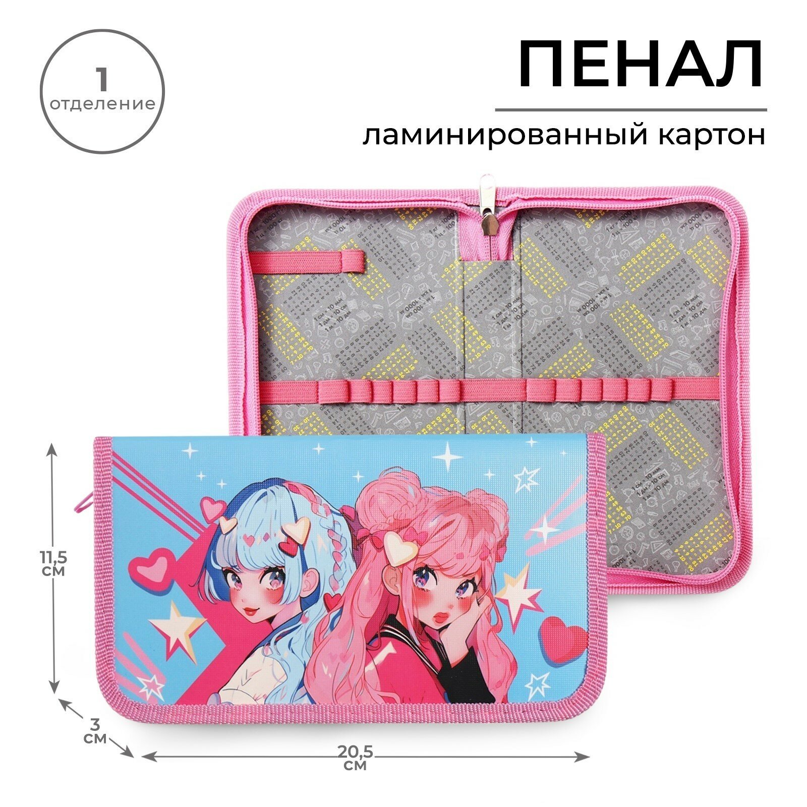 Пенал школьный, 1 секция, 11.5 × 20.5 × 3 см, «Аниме подружки», для детей
