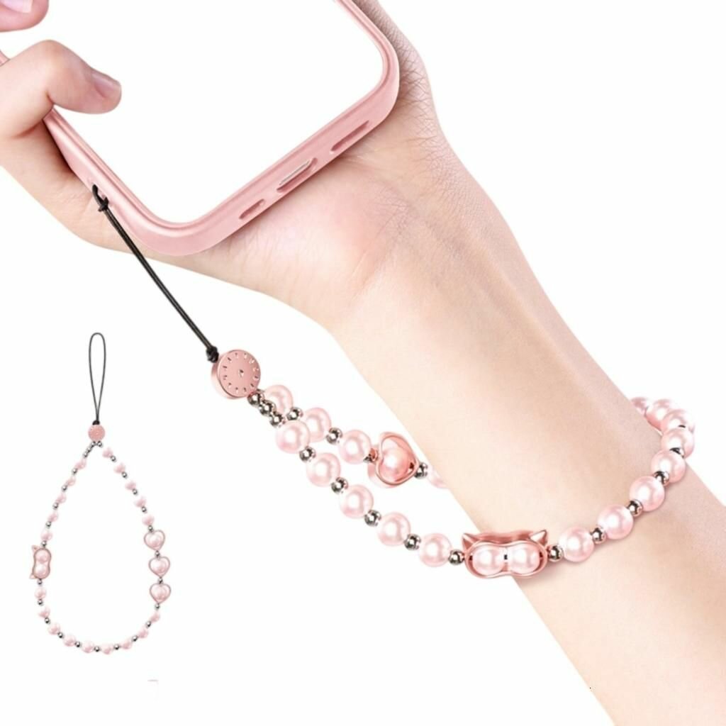 Шнурок для телефона, Цепочка для мобильного телефона на запястье с жемчужным ремешком-Розовое золото