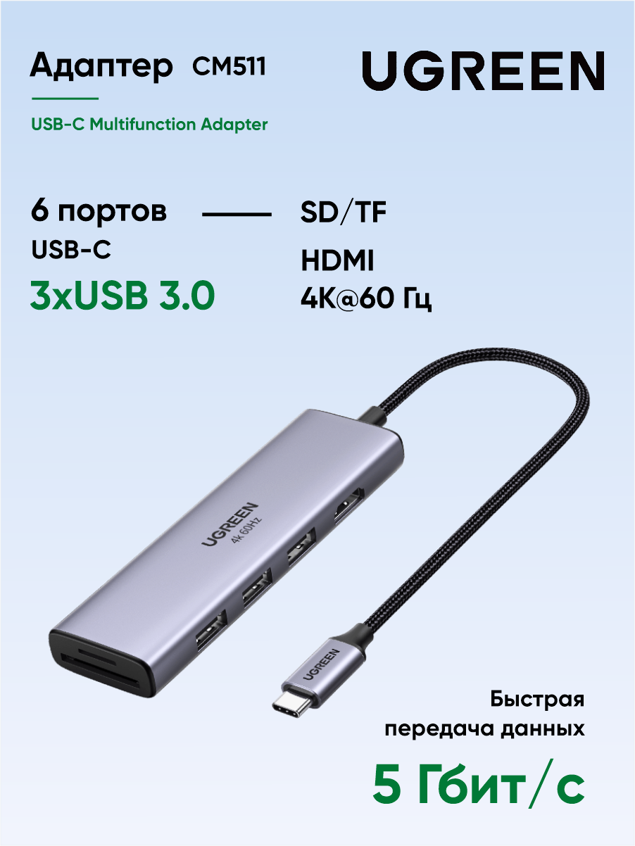 Адаптер UGREEN CM511 (60383) USB-C Multifunction Adapter. Цвет: серый космос