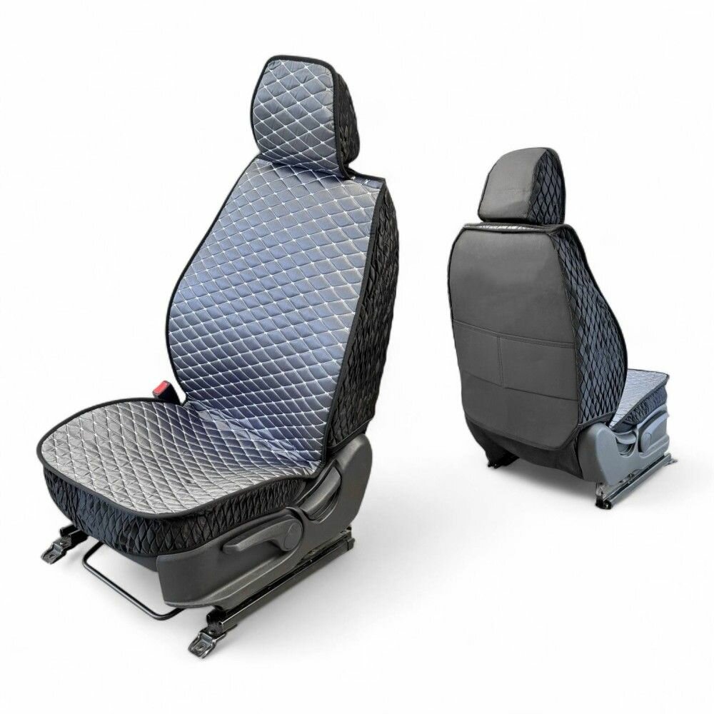 Комплект накидок на весь салон Холодок Cube, атлас + экокожа, бока-гармошка, цвет: серый/белый (строчка белая, кант серый)