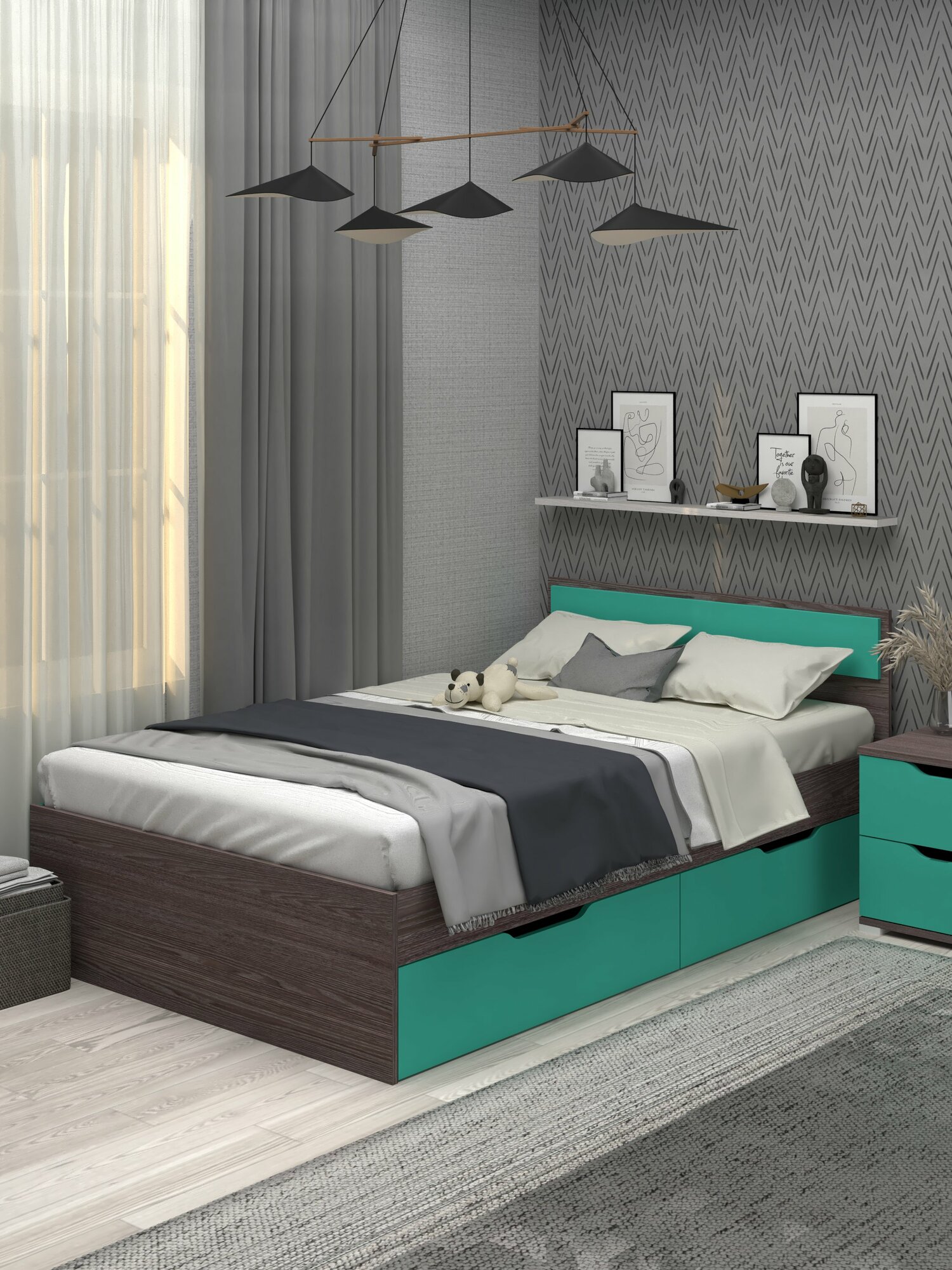 Есэндвич Монако Кровать 120х200 полутораспальная, 200х78х123 см (Анкор тёмный/Аква), с ящиками