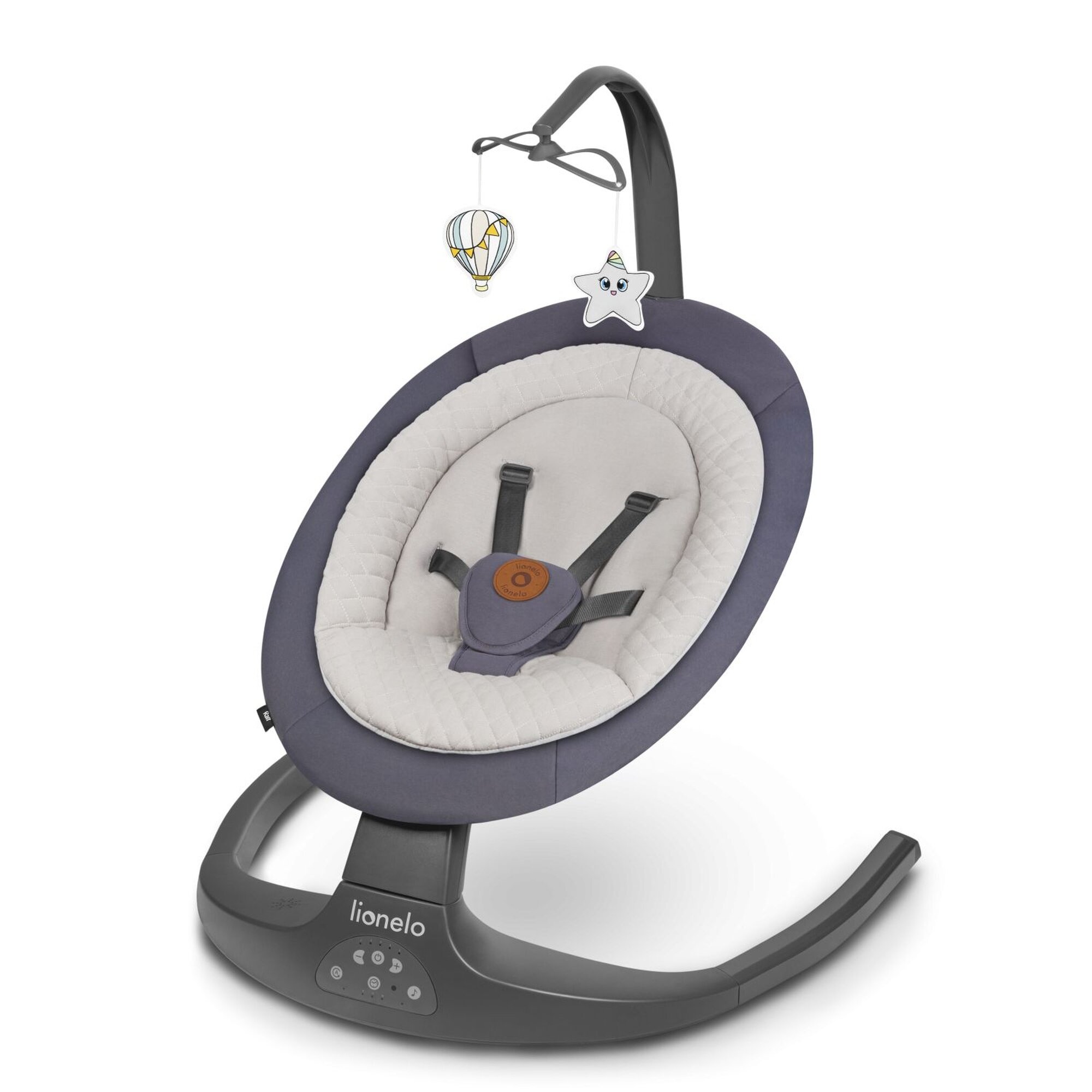 Кресло-качалка Lionelo "Ralf Grey Graphite", для малышей, с таймером, 5-точечные ремни безопасности