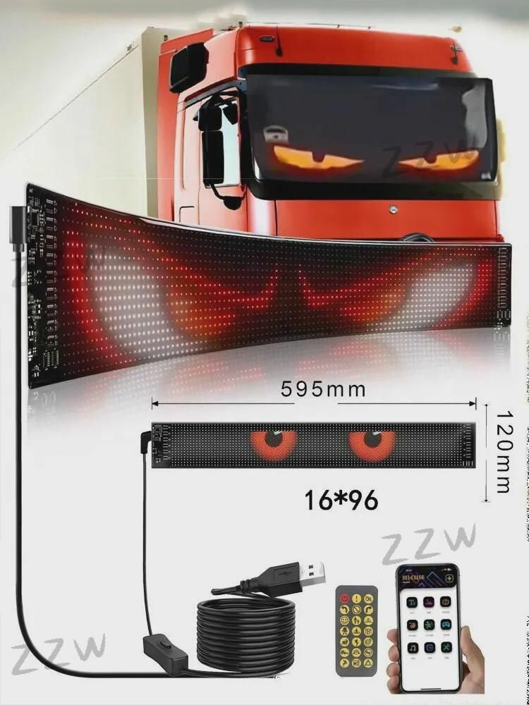 Портативный автомобильный светодиодный гибкий экран, "Дьявольский глаз", автомобильный рекламный экран USB, смарт-экран Bluetooth, полноцветный дисплей для окон и дверей, 16*96 пикселей.