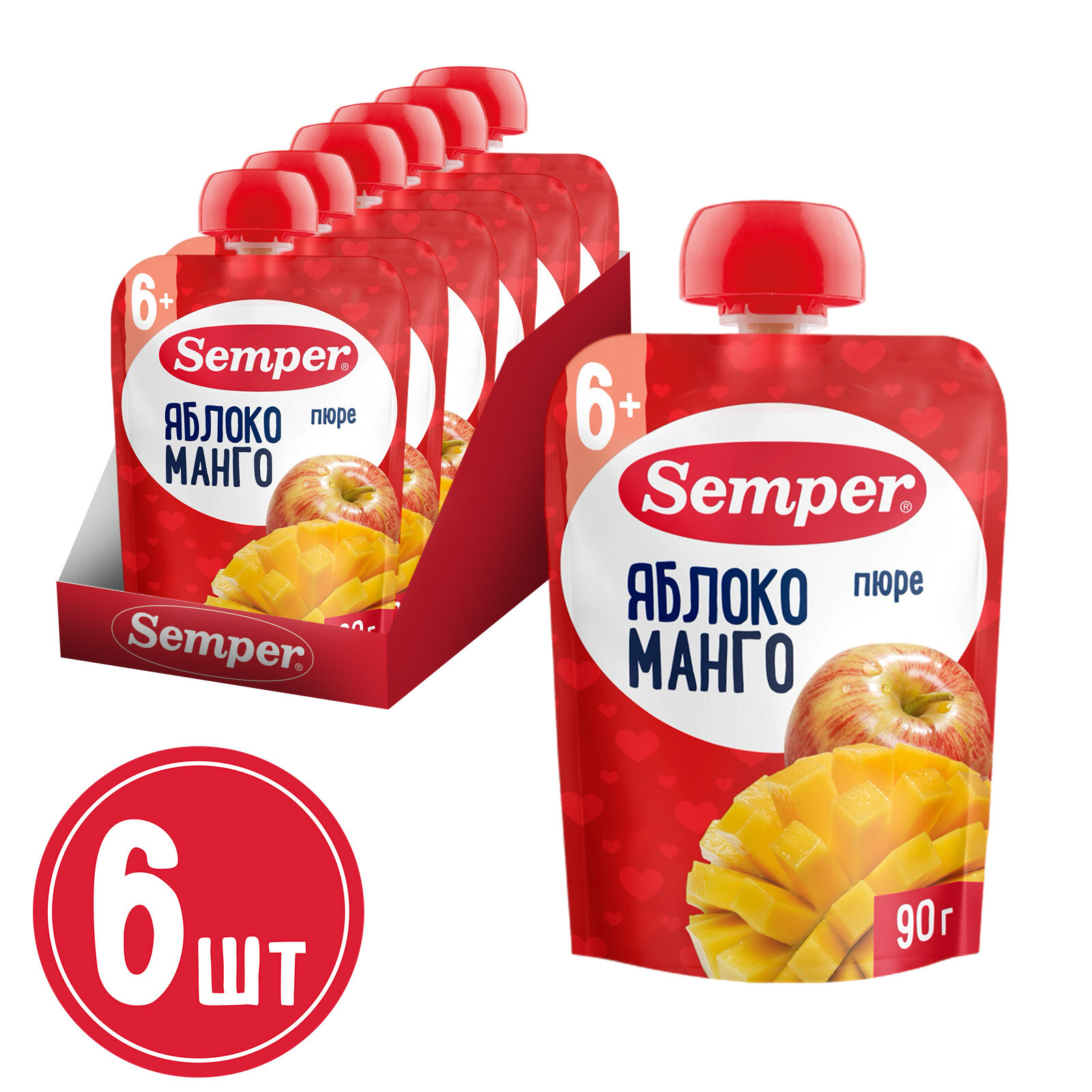 Детское питание Пюре Semper фруктовое Яблоко и манго, c 6 месяцев, 6х90г