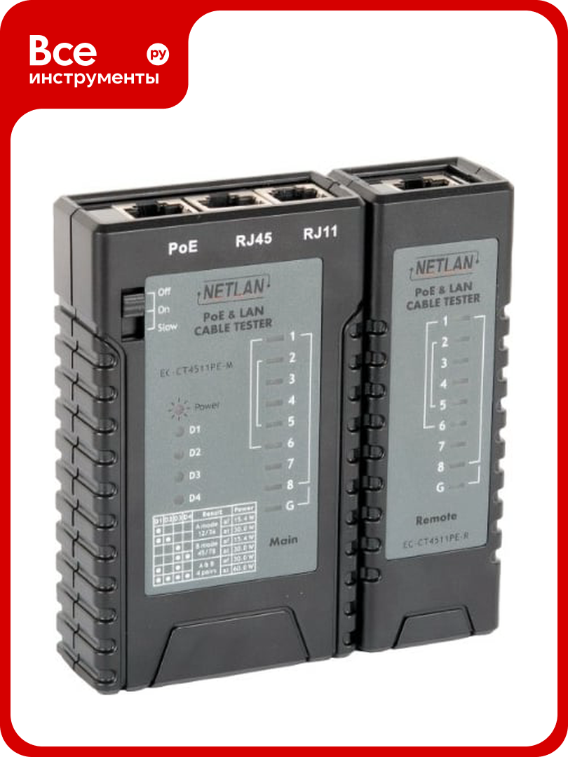 Кабельный тестер NETLAN RJ45, RJ12, RJ11, PoE EC-CT4511PE, с LAN кабелями