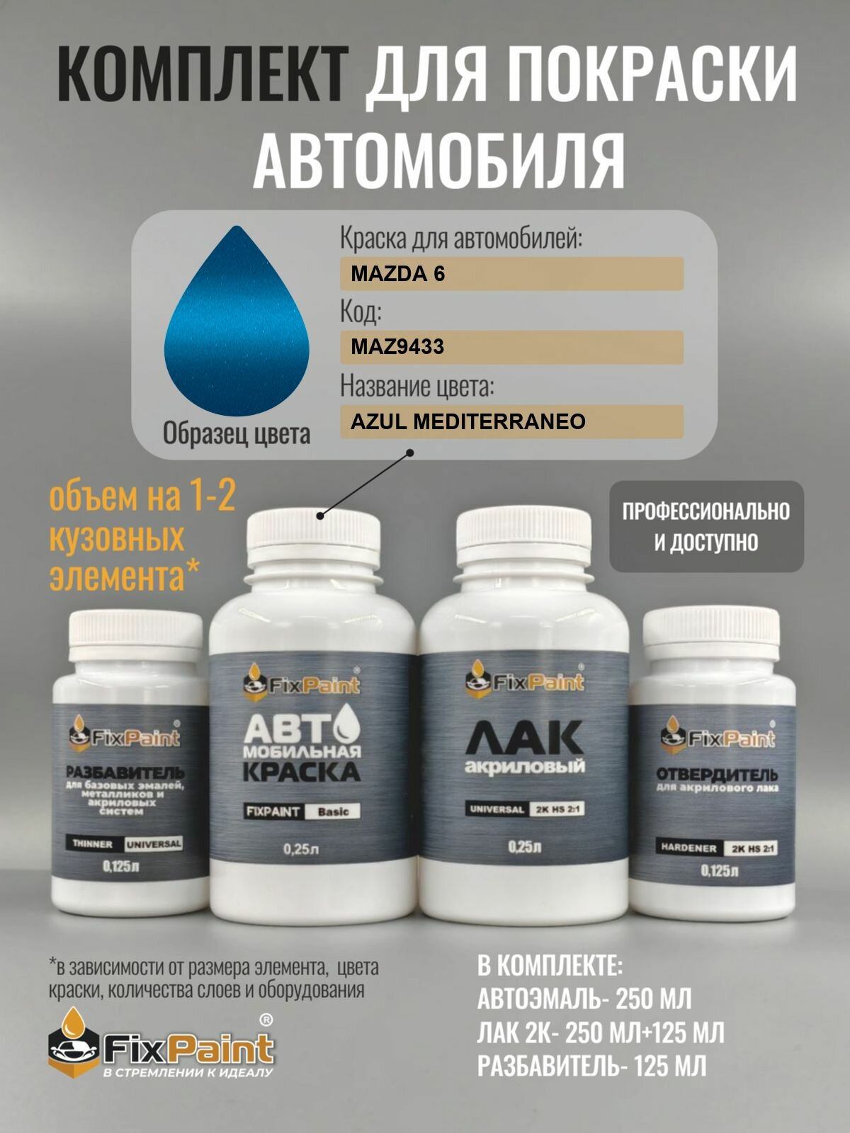 Комплект для покраски MAZDA 6, код MAZ9433, AZUL MEDITERRANEO, базовая автомобильная краска 250 мл, лак 2K 250 мл с отвердителем, разбавитель 125 мл, FixPaint Pro
