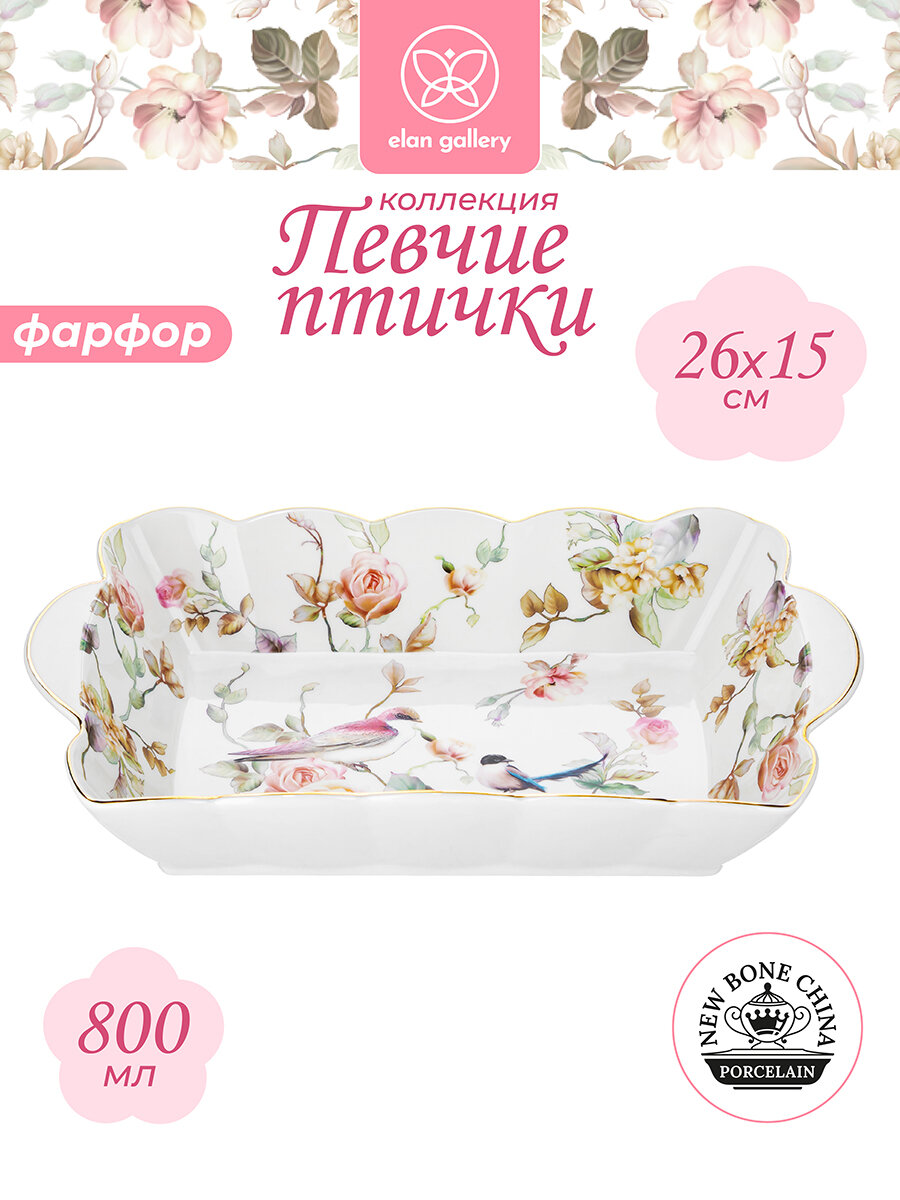 Блюдо сервировочное 800 мл Elan Gallery Певчие птички, 26,5х15,5х5 см, фарфор