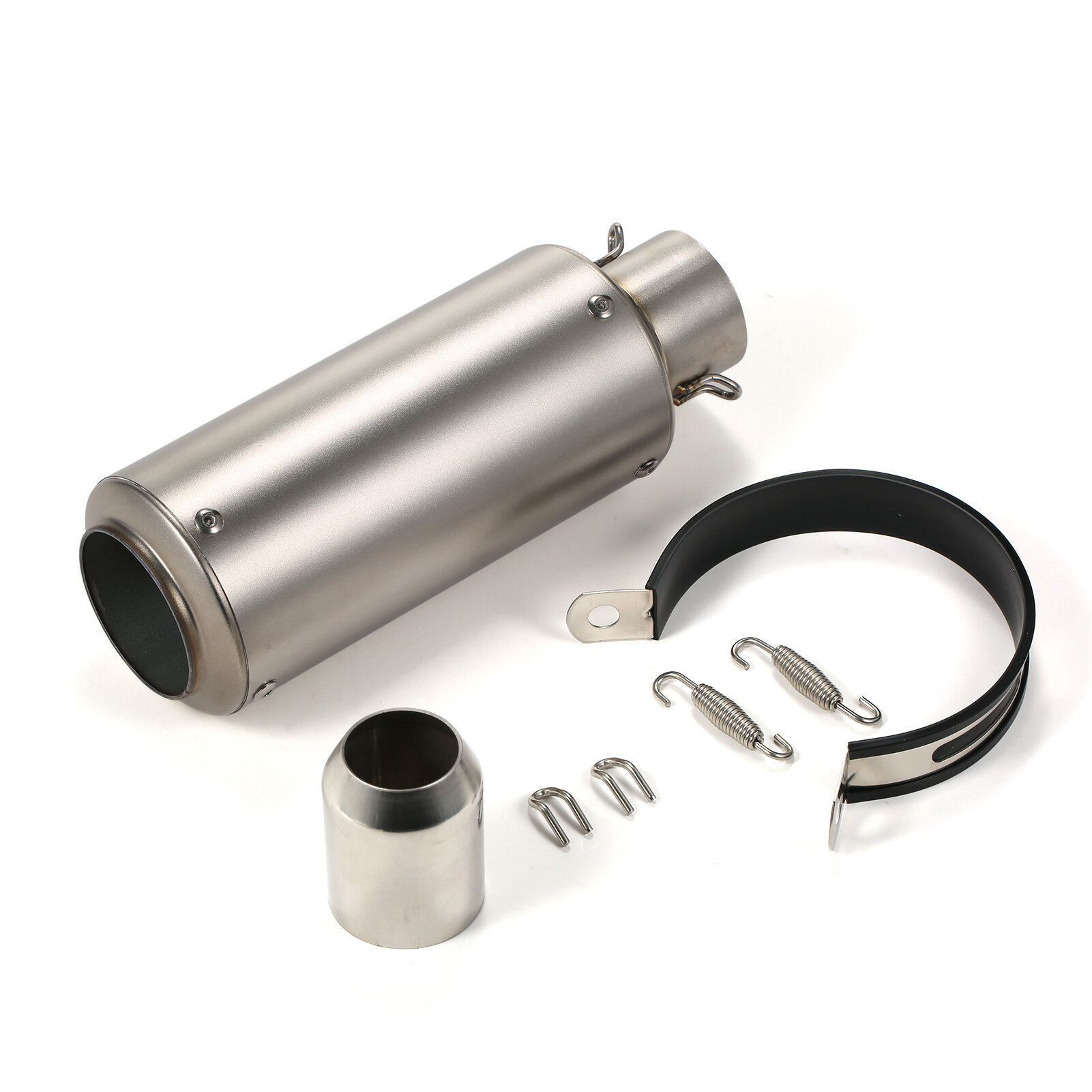 Выпускной труба для мотоцикла универсальная 38-51мм, глушитель выхлопа для мотоциклов и квадроциклов, серебристый цвет, материал нержавеющая сталь, диаметр соединения 38-51мм, комплект с крепежами, размер упаковки 32*12*12см, вес упаковки 925г