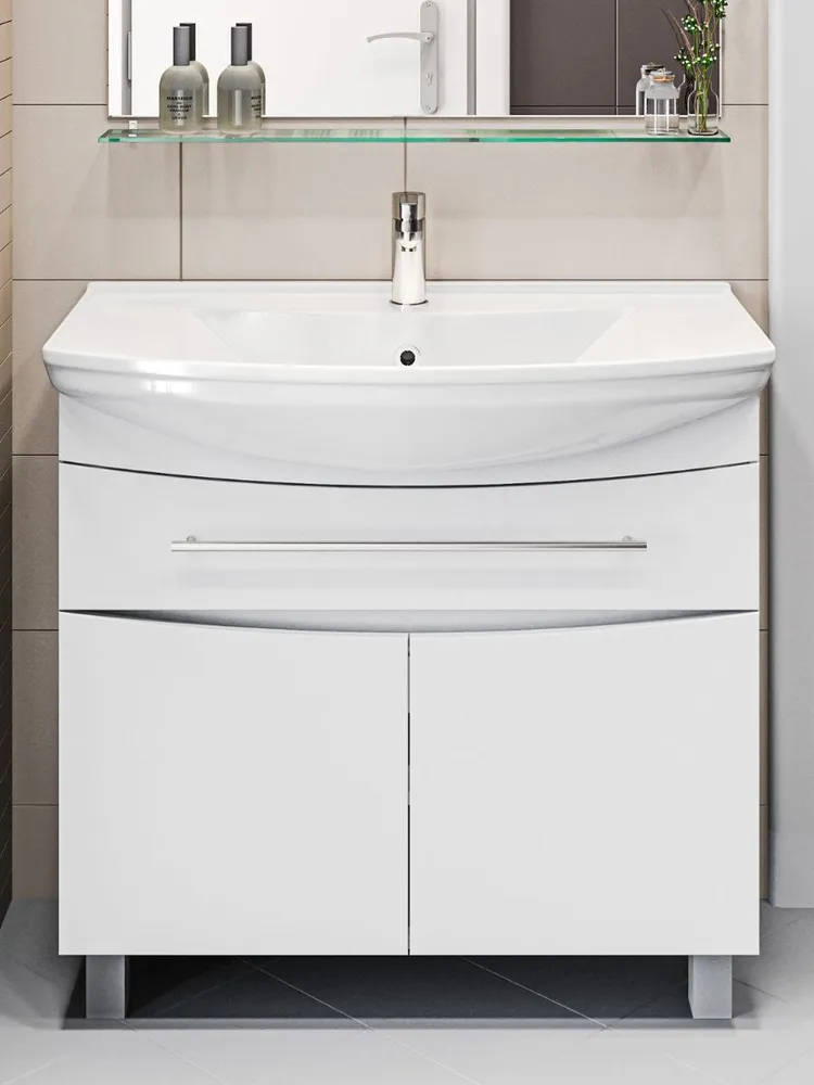 Тумба напольная 85 см с раковиной в ванную Lina New, 1 ящик/2 двери, цвет Белый глянец, 1Marka Ц0000042176