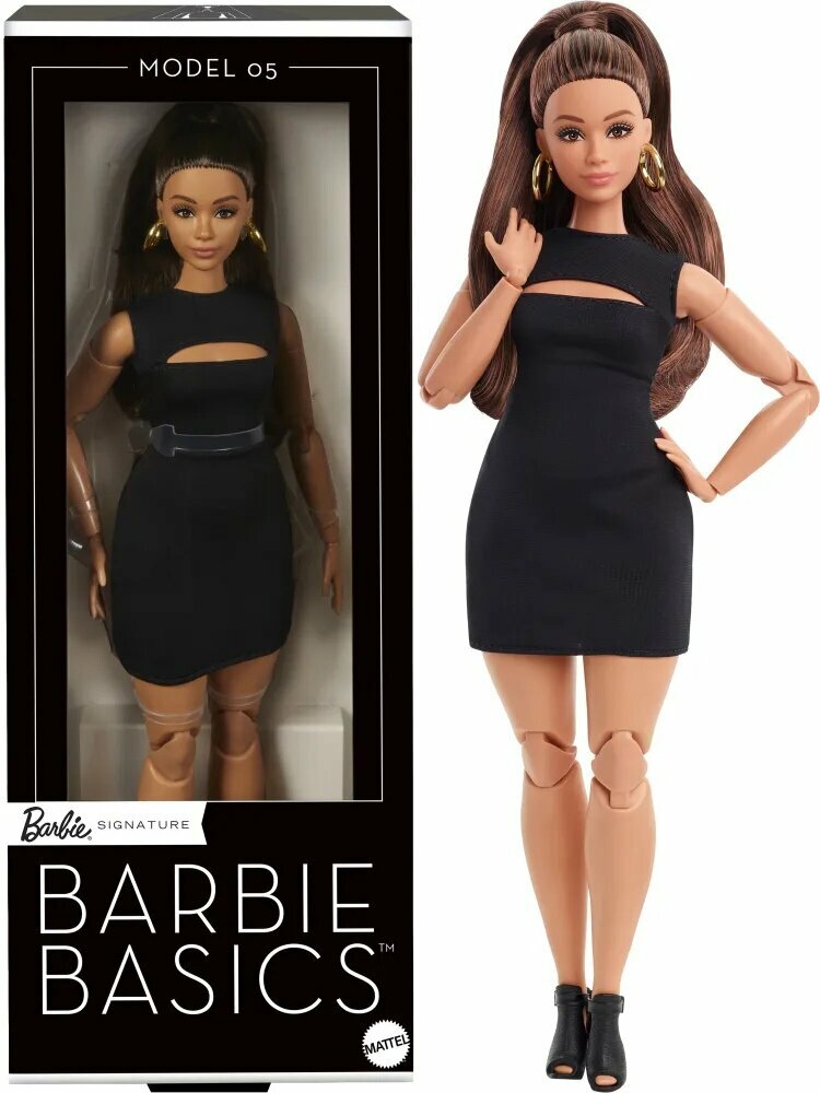 Коллекционная кукла Barbie Basics, модель 05 с темными волосами, в черном платье и на каблуках