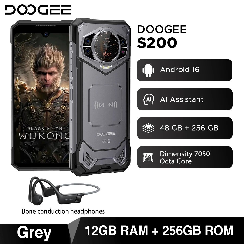 Глобальная версия DOOGEE S200 5G Прочный телефон 12 ГБ 256 ГБ 1,32 "AMOLED Задний дисплей Размер 7050 100 МП Камера 10100 мАч NFC Серый, VIP Edition Gray